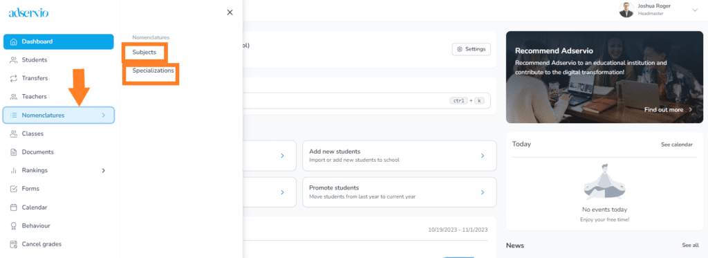 How do I add a school subject? - Manual web - Adservio